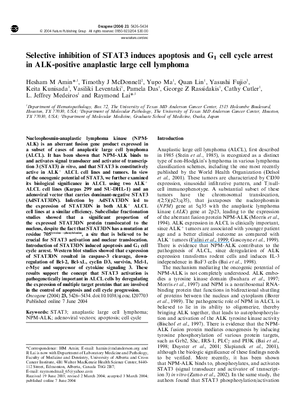 (PDF) Selective inhibition of STAT3 induces apoptosis and G1 cell cycle ...