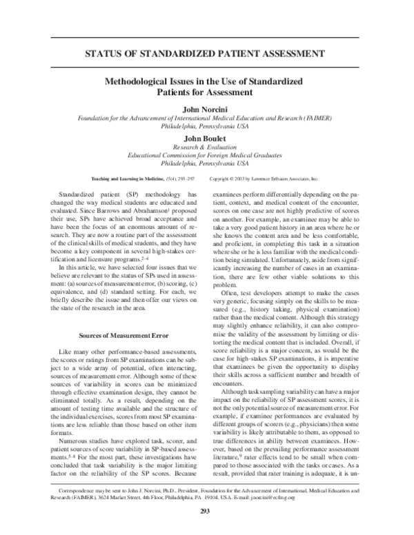 (PDF) STATUS OF STANDARDIZED PATIENT ASSESSMENT: Methodological Issues ...