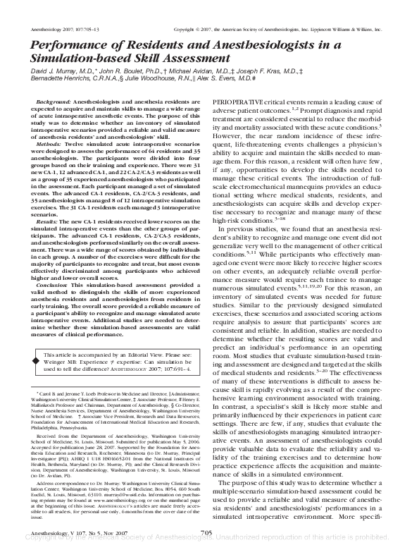 Pdf Performance Of Residents And Anesthesiologists In A Simulation
