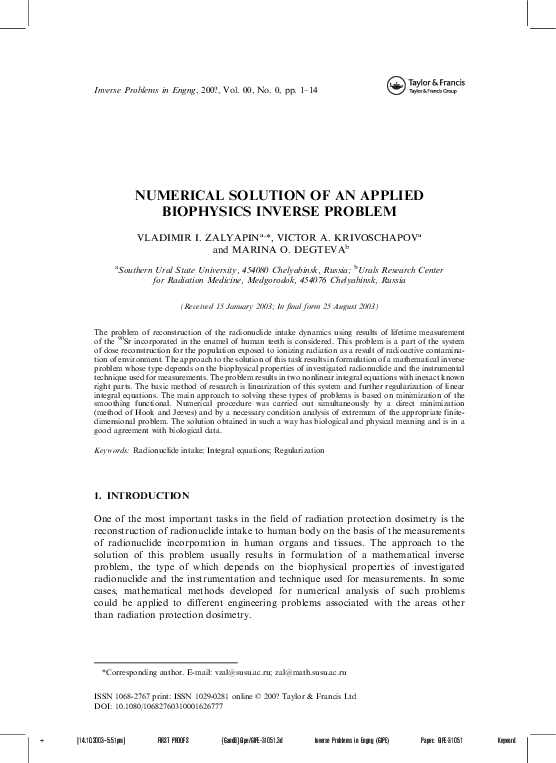 (PDF) Numerical Solution of an Applied Biophysics Inverse Problem