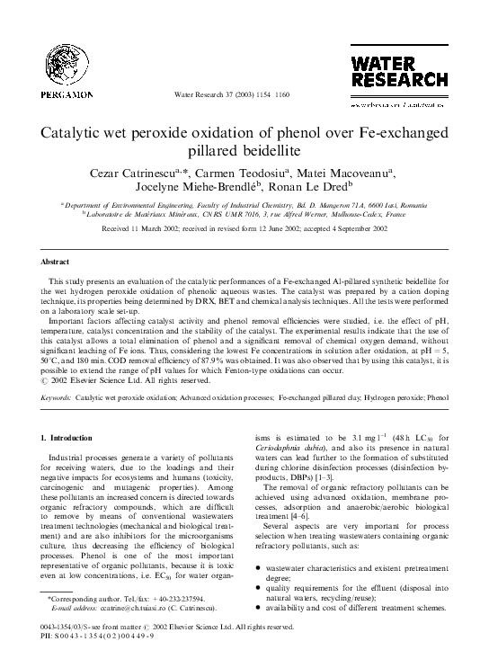 (PDF) Catalytic wet peroxide oxidation of phenol over Fe-exchanged ...