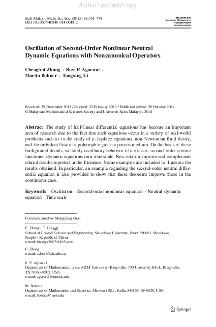 Pdf Oscillation Of Second Order Nonlinear Neutral Delay Dynamic Equations On Time Scales