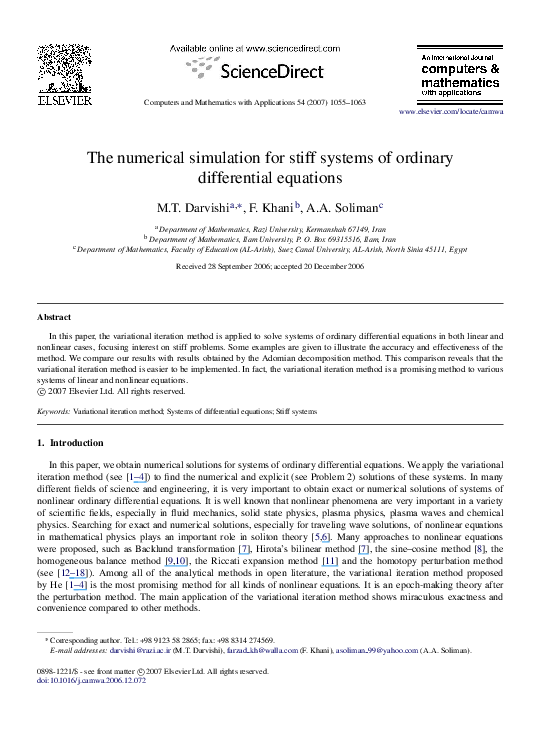 Pdf The Numerical Simulation For Stiff Systems Of Ordinary Differential Equations