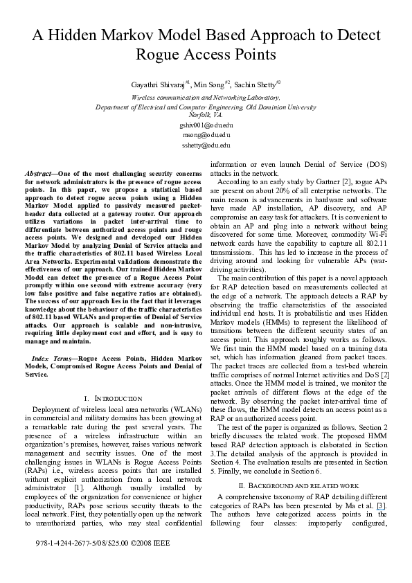 Pdf A Hidden Markov Model Based Approach To Detect Rogue Access Points