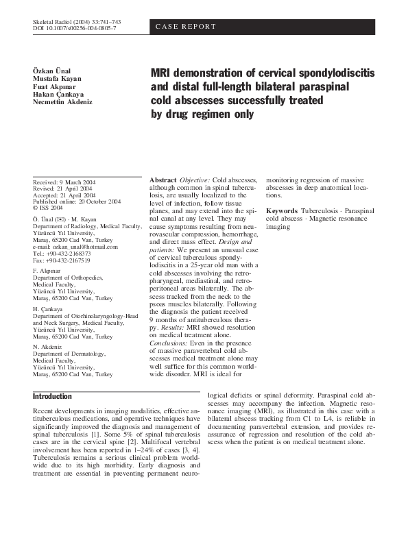(PDF) MRI demonstration of cervical spondylodiscitis and distal full ...