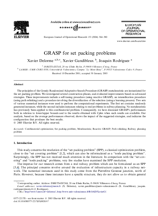 (PDF) GRASP for set packing problems