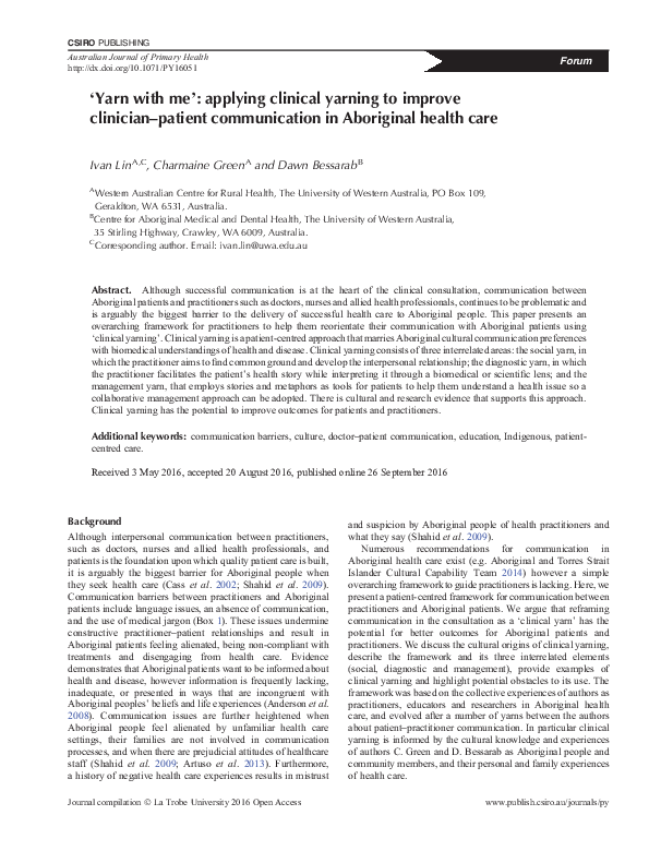 (PDF) 'Yarn with me': applying clinical yarning to improve clinician ...