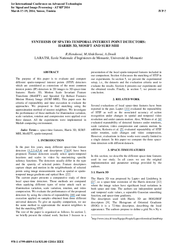 (PDF) Synthesis of spatio-temporal interest point detectors: Harris 3D, MoSIFT and SURF-MHI