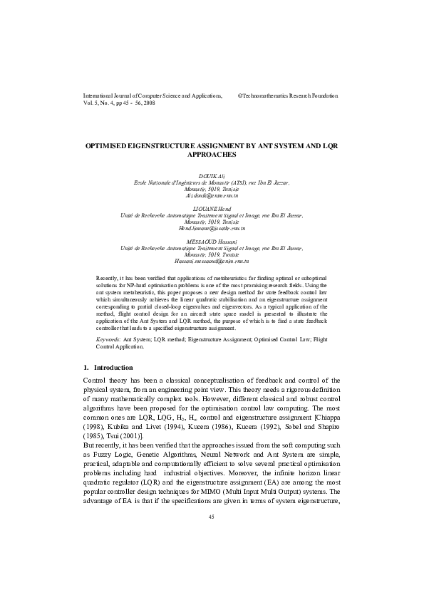 (PDF) Optimised eigenstructure assignment by Ant system and LQR approaches
