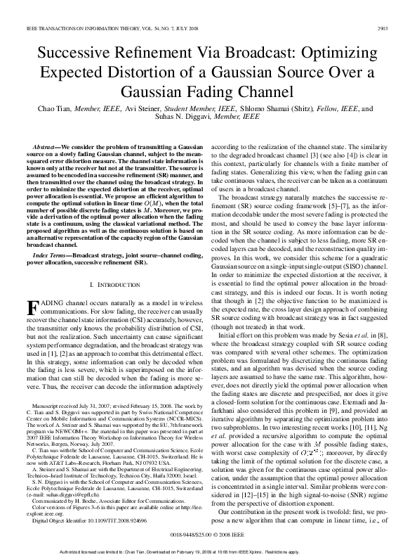 (PDF) Successive refinement via broadcast: Optimizing expected distortion of a Gaussian source ...