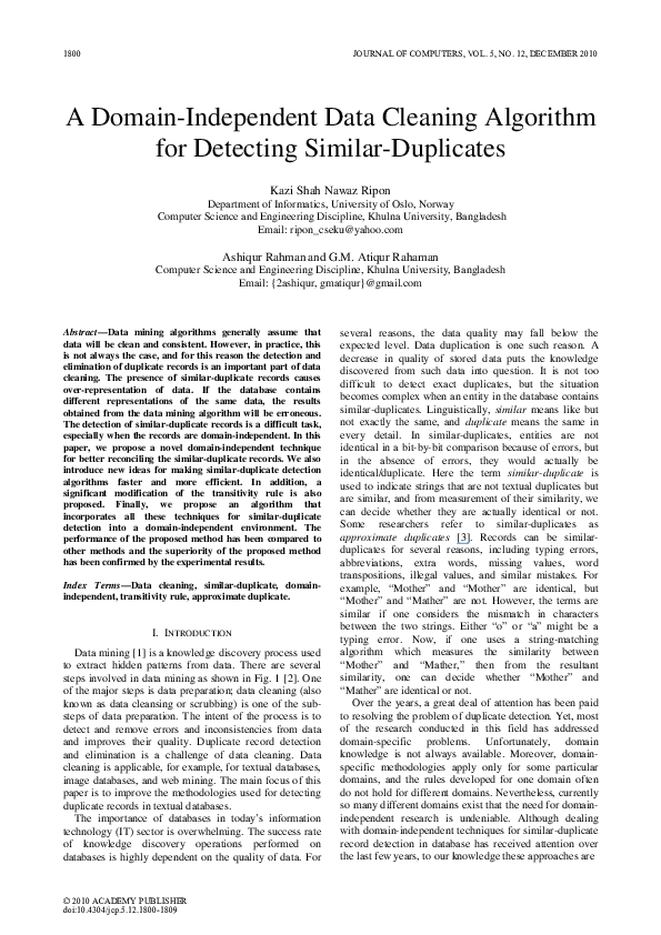 Pdf A Domain Independent Data Cleaning Algorithm For Detecting Similar Duplicates Kazi Shah