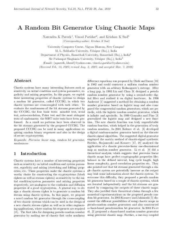 Pdf A Random Bit Generator Using Chaotic Maps Narendra Pareek