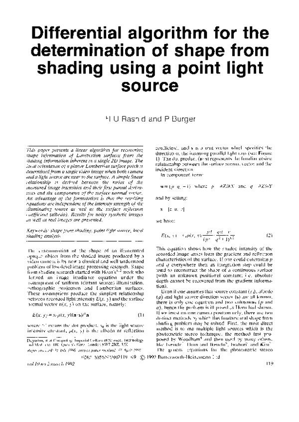 (PDF) Differential algorithm for the determination of shape from shading using a point light source