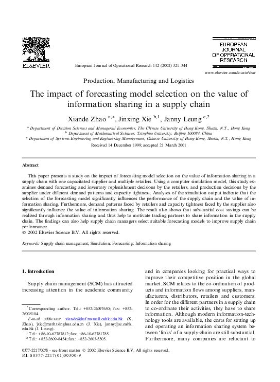 Pdf The Impact Of Forecasting Model Selection On The Value Of Information Sharing In A Supply