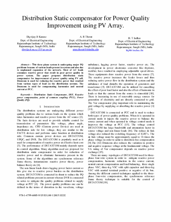 (PDF) Distribution Static compensator for Power Quality Improvement using PV Array