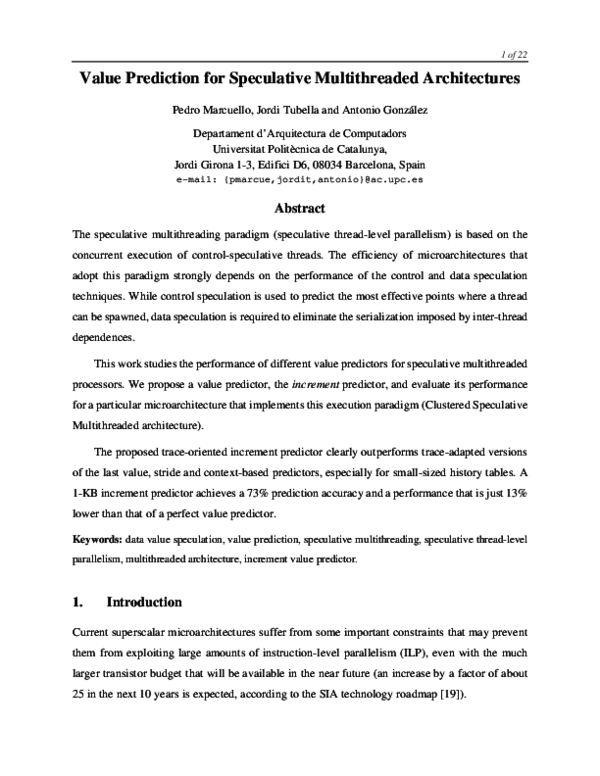 Pdf Value Prediction For Speculative Multithreaded Architectures