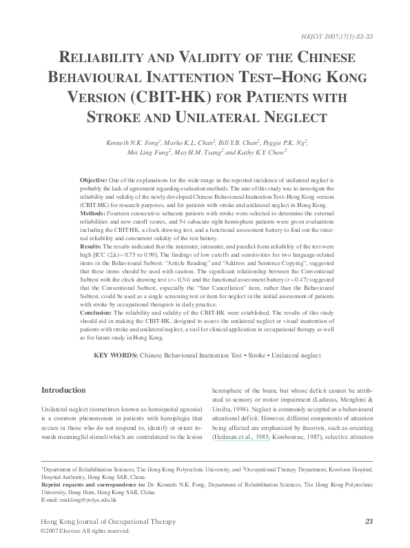 (PDF) Reliability and Validity of the Chinese Behavioural Inattention ...