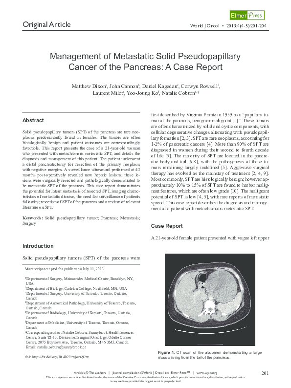 (PDF) Management of Metastatic Solid Pseudopapillary Cancer of the Pancreas: A Case Report