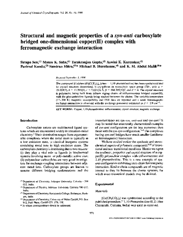 (PDF) Structural and magnetic properties of a syn-anti carboxylate ...