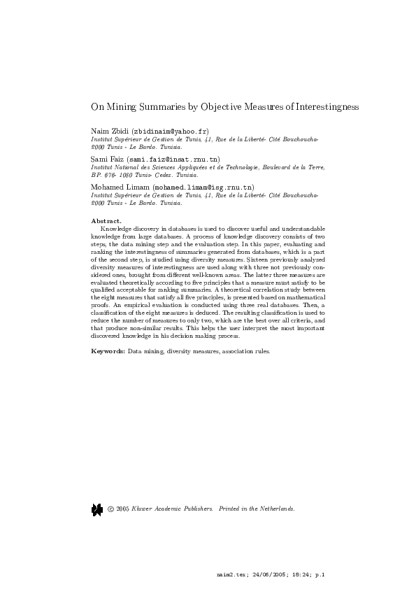 (PDF) On Mining Summaries by Objective Measures of Interestingness