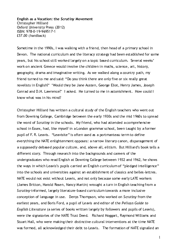 (DOC) English as a Vocation - review of Christopher Hilliard.doc | John ...