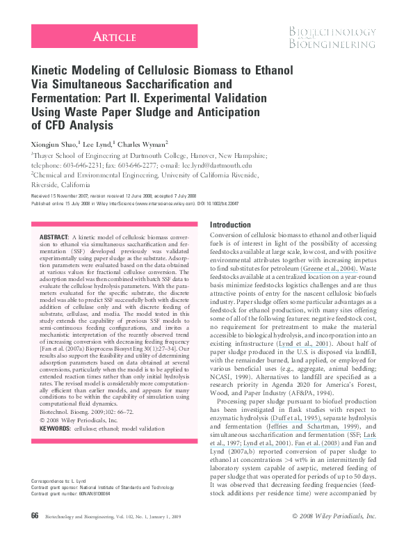 Pdf Kinetic Modeling Of Cellulosic Biomass To Ethanol Via Simultaneous Saccharification And