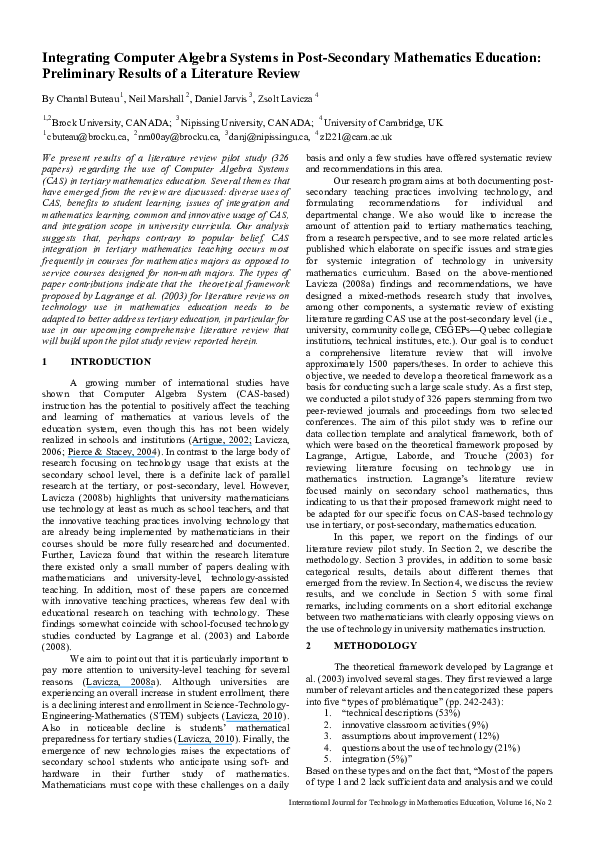 Pdf Integrating Computer Algebra Systems In Post Secondary Mathematics Education Preliminary