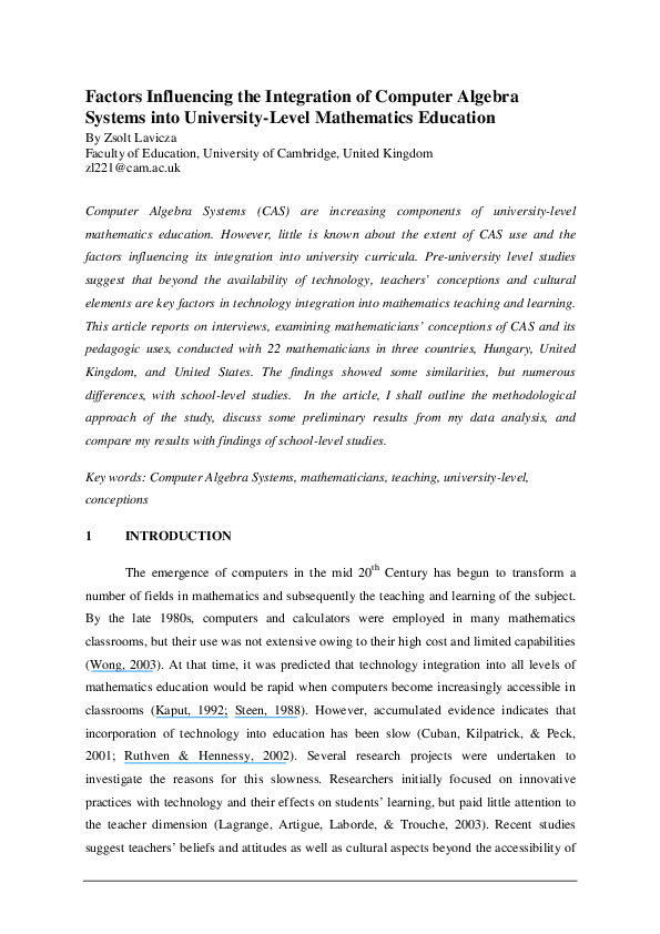 (PDF) Factors Influencing the Integration of Computer Algebra Systems ...