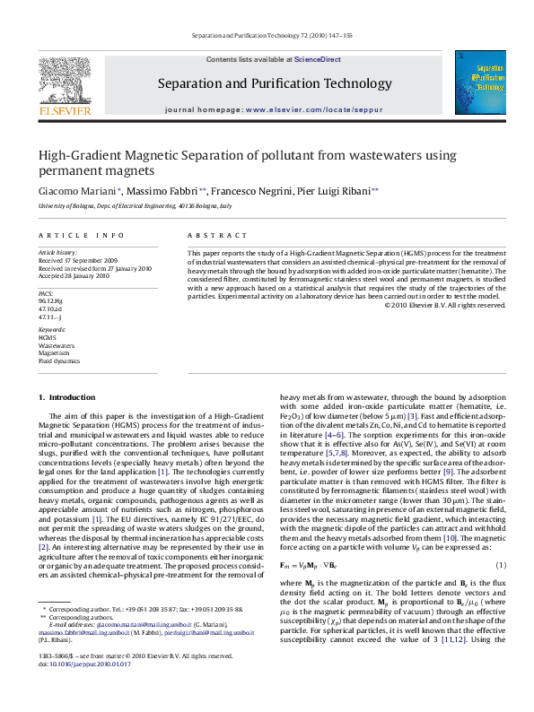 (PDF) High-Gradient Magnetic Separation of pollutant from wastewaters ...