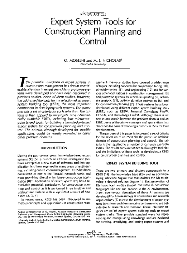 (PDF) Expert System Tools for Construction Planning and Control