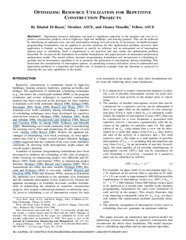 (PDF) Optimizing Resource Utilization for Repetitive Construction Projects