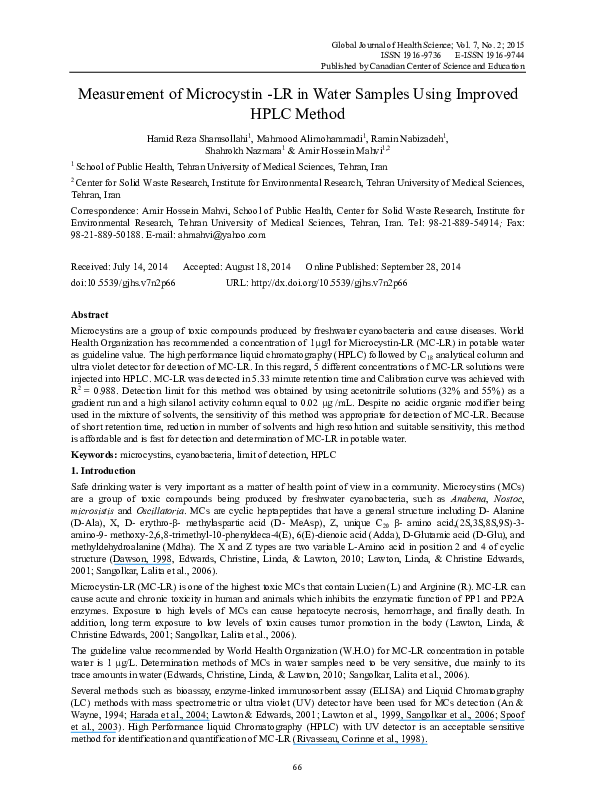 Pdf Measurement Of Microcystin Lr In Water Samples Using Improved