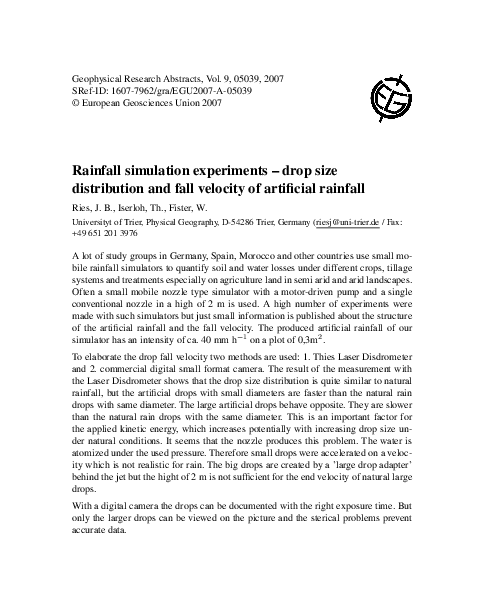 (PDF) Rainfall simulation experiments - drop size distribution and fall ...