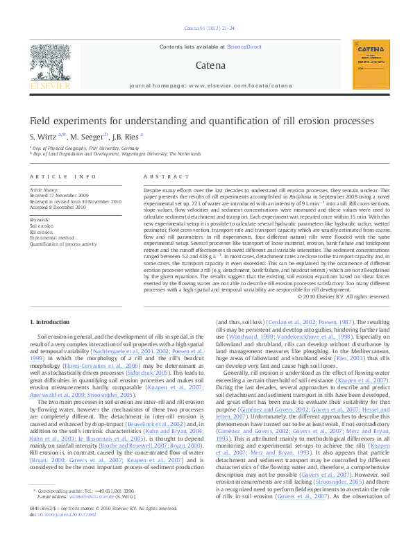 (PDF) Field experiments for understanding and quantification of rill erosion processes