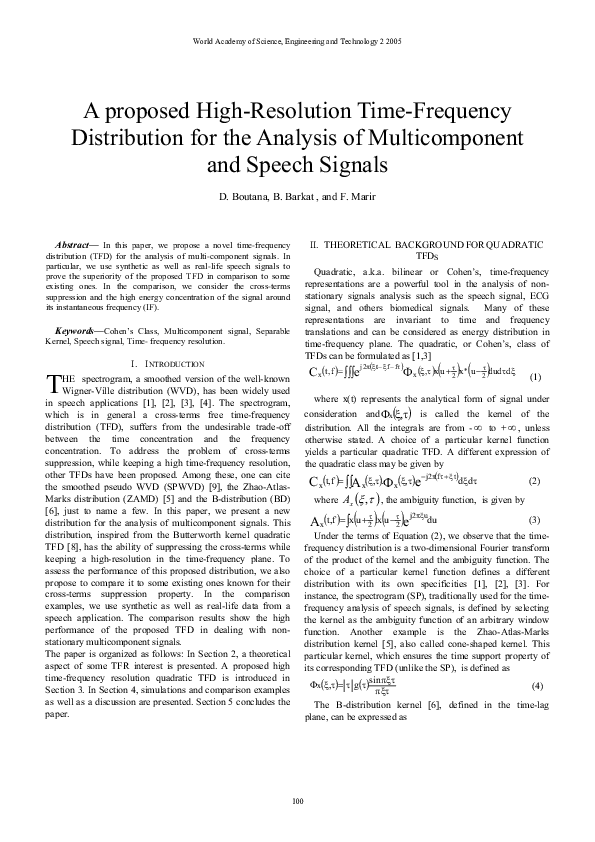 (PDF) A proposed High-Resolution Time-Frequency Distribution for the Analysis of Multicomponent ...