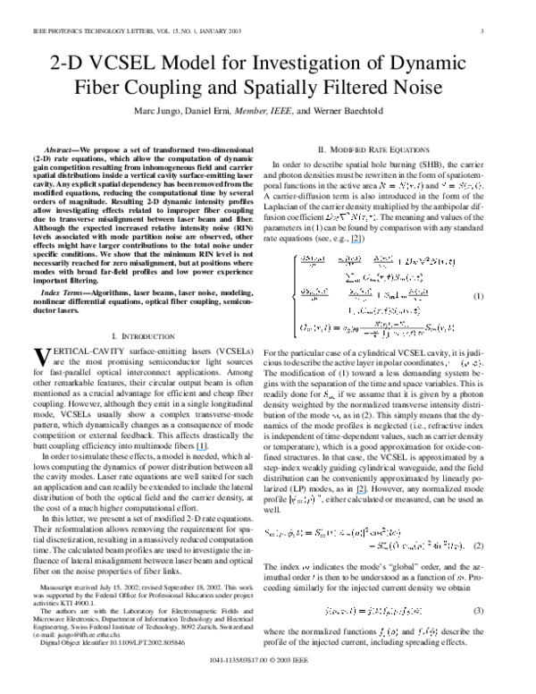 (PDF) 2-D VCSEL model for investigation of dynamic fiber coupling and spatially filtered noise
