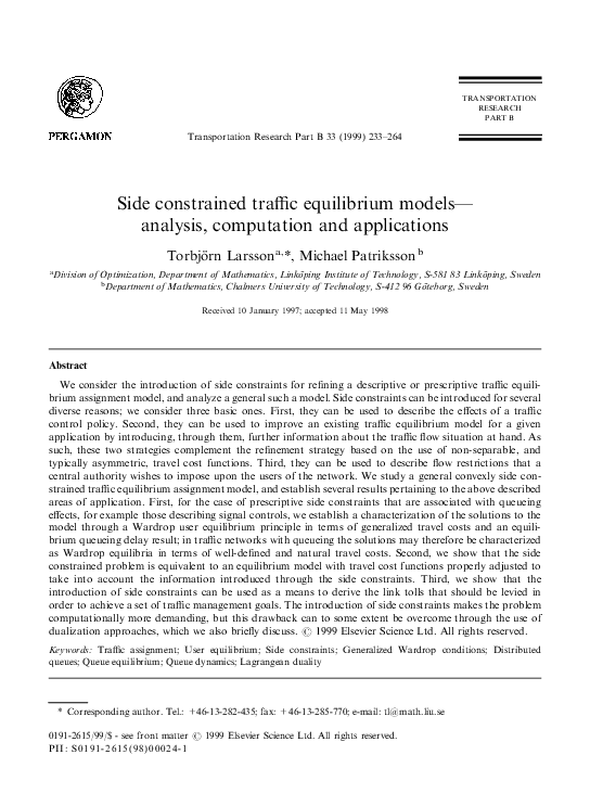 Pdf Side Constrained Traffic Equilibrium Models Analysis Computation And Applications
