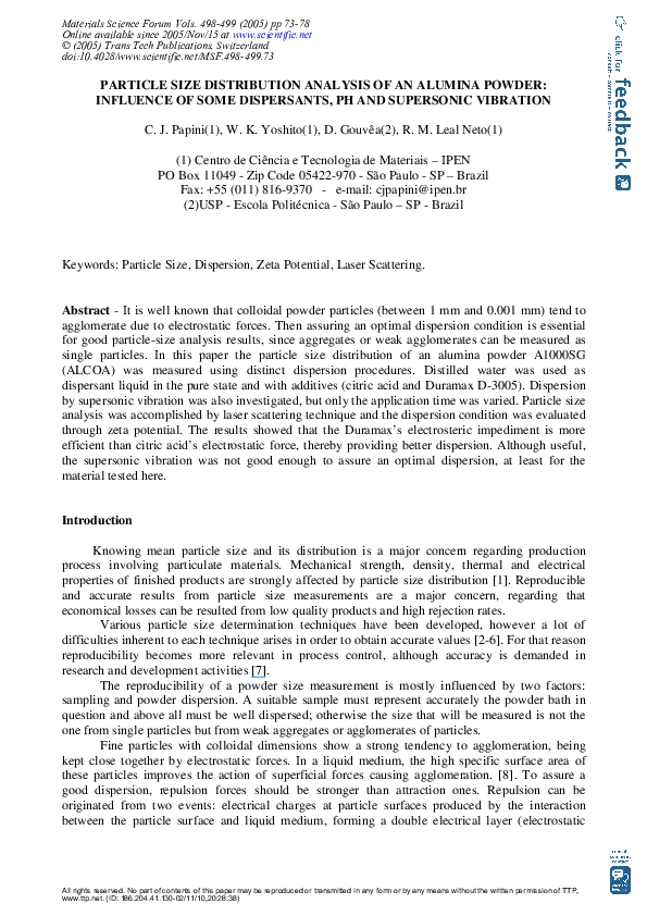 (PDF) Particle Size Distribution Analysis of an Alumina Powder: Influence of Some Dispersants ...