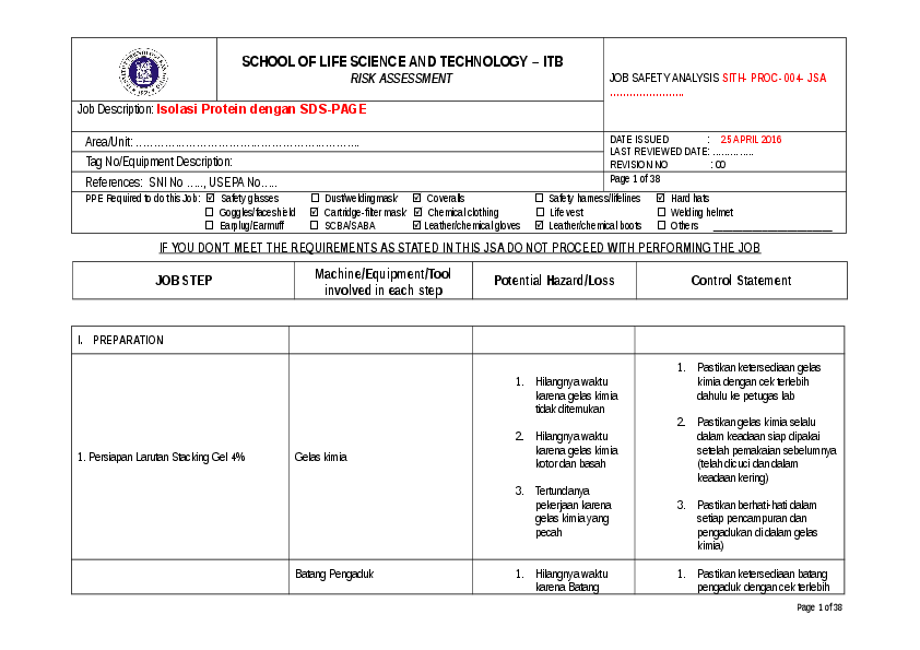 (DOC) JSA Isolasi Protein dengan SDS-PAGE