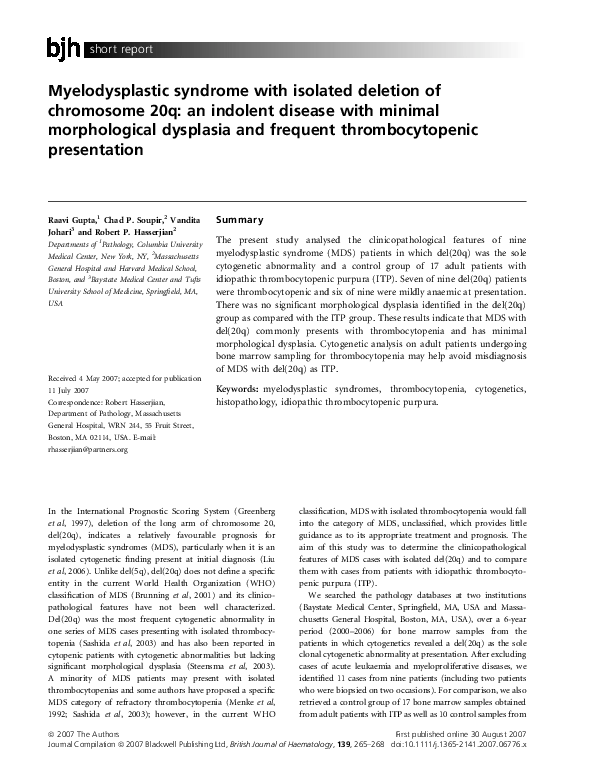 (PDF) Myelodysplastic syndrome with isolated deletion of chromosome 20q ...