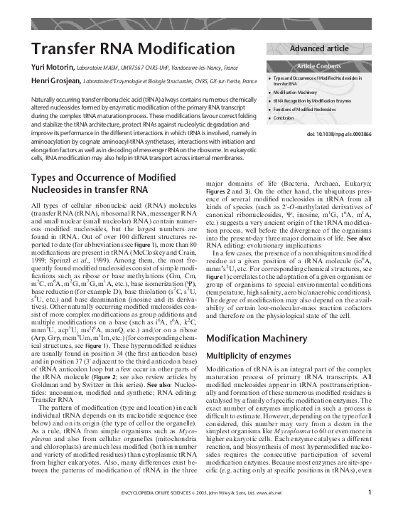 (PDF) Transfer RNA Modification