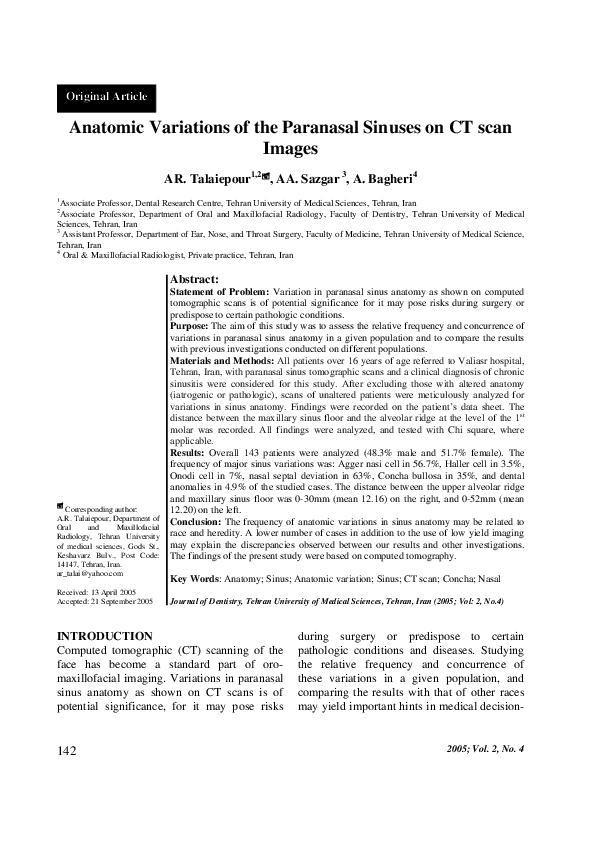 (PDF) Anatomic Variations of the Paranasal Sinuses on CT scan Images