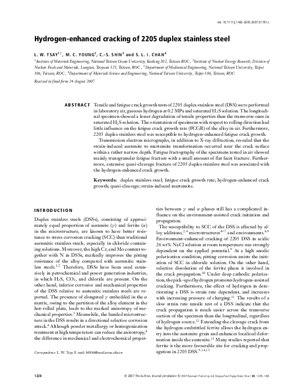 (PDF) Hydrogen-enhanced cracking of 2205 duplex stainless steel