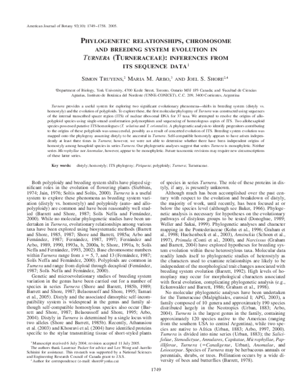 (PDF) Phylogenetic relationships, chromosome and breeding system evolution in Turnera ...