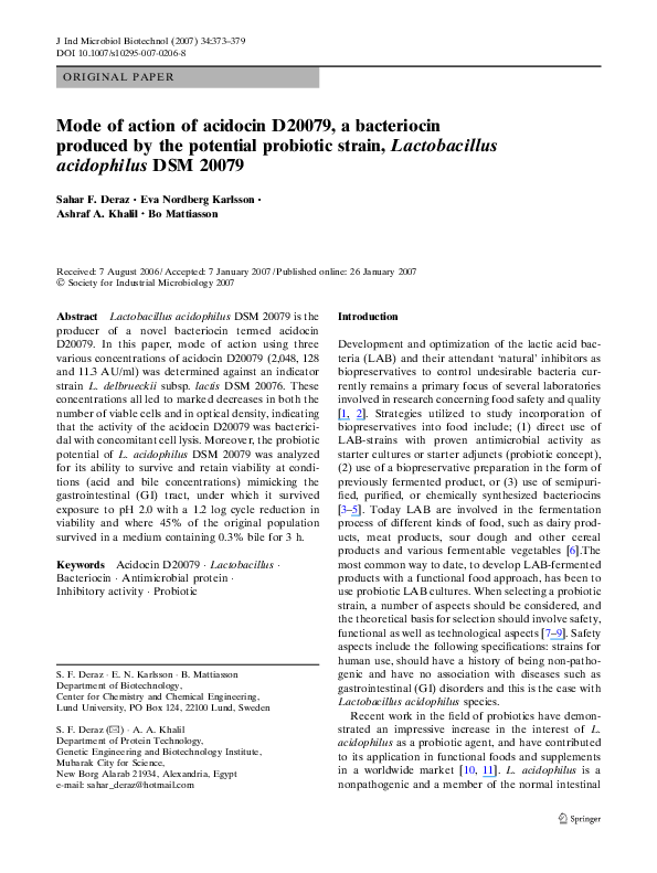 Pdf Mode Of Action Of Acidocin D20079 A Bacteriocin Produced By The Potential Probiotic