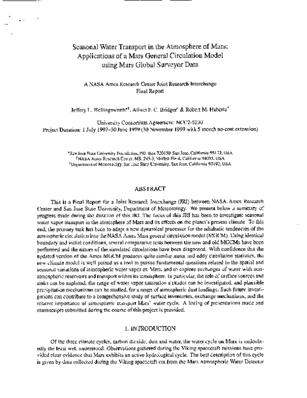 (PDF) Seasonal Water Transport in the Atmosphere of Mars: Applications ...