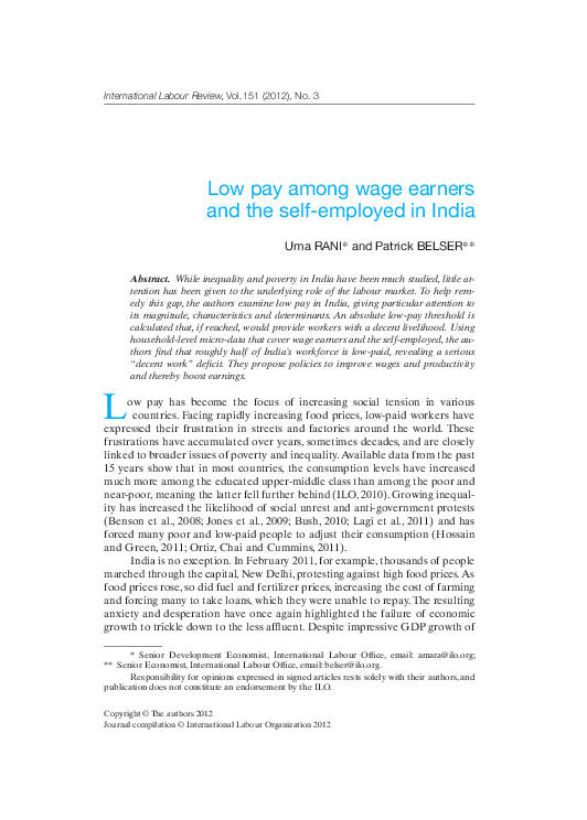 (PDF) Low pay among wage earners and the self-employed in India