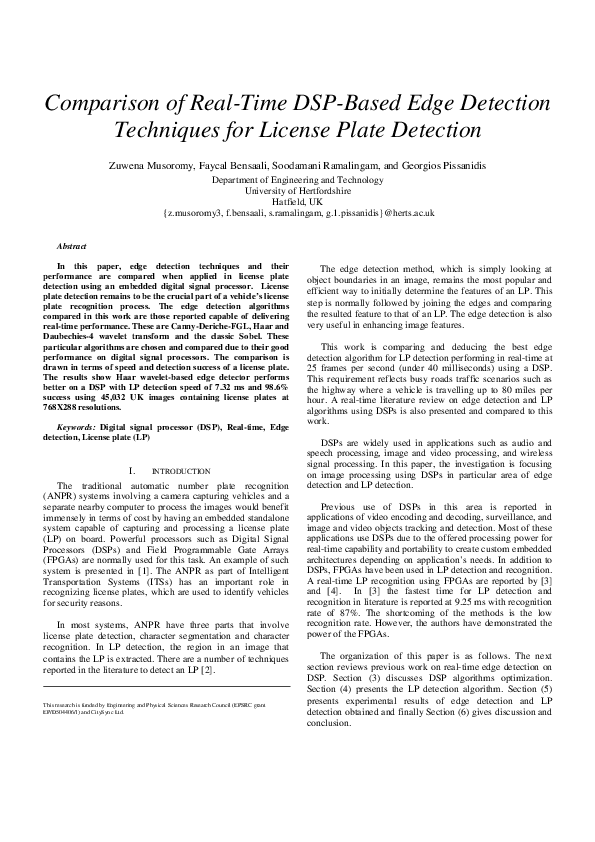 (PDF) Comparison of real-time DSP-based edge detection techniques for license plate detection