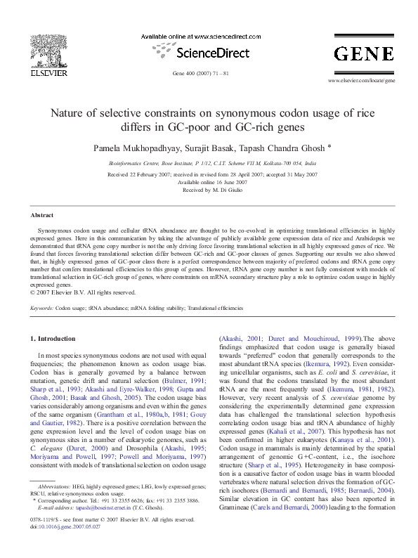 Pdf Nature Of Selective Constraints On Synonymous Codon Usage Of Rice
