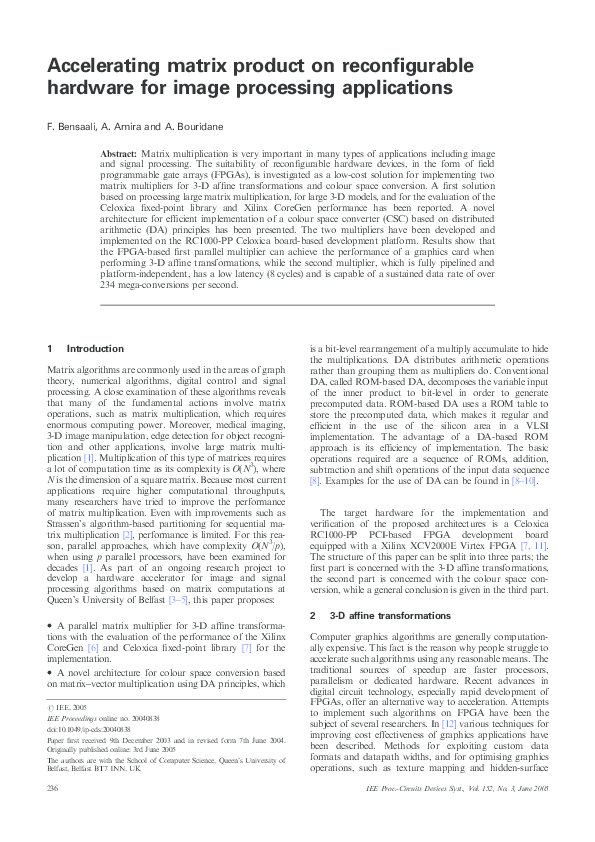 Pdf Accelerating Matrix Product On Reconfigurable Hardware For Image Processing Applications